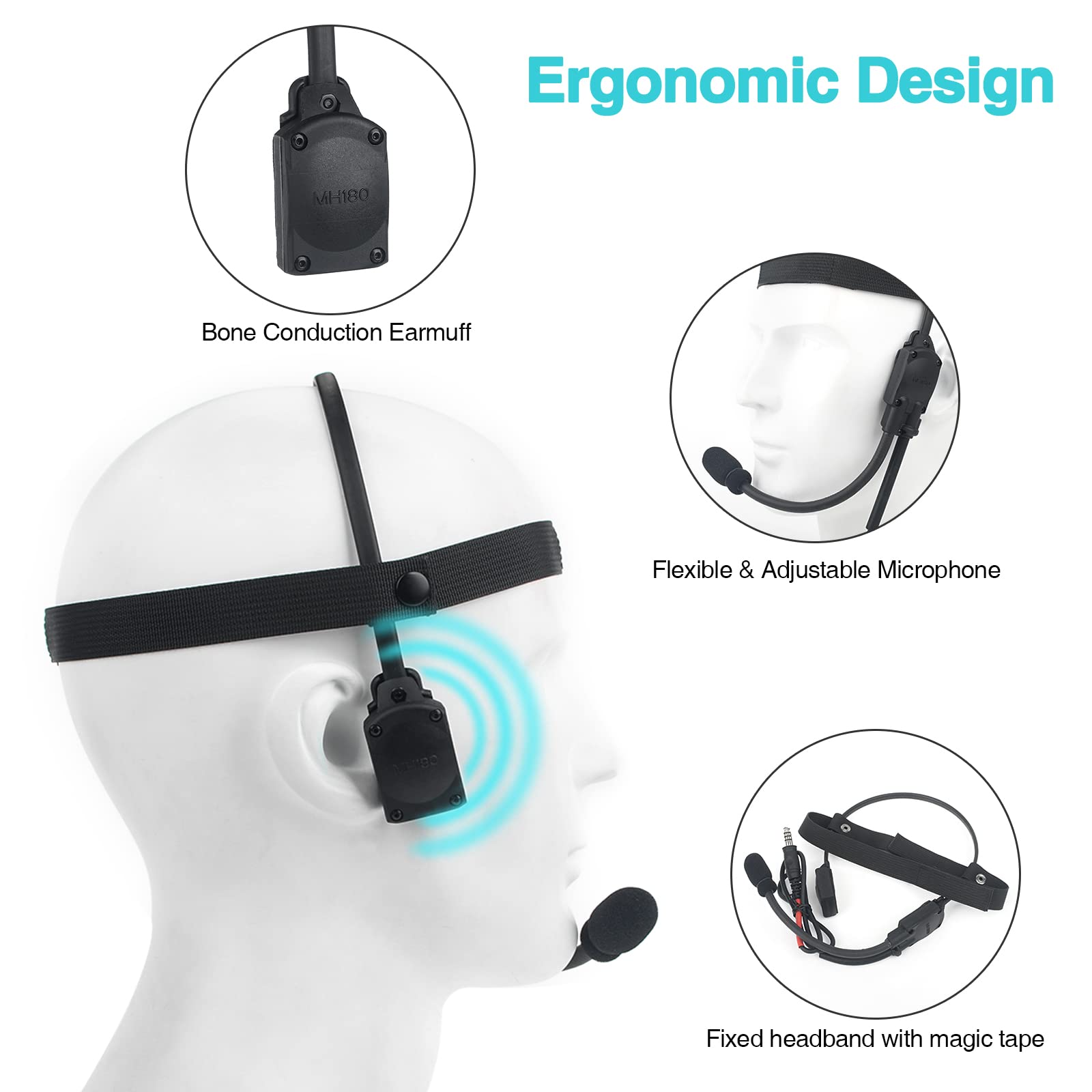 rdzzwxw Bone Conduction Headset with Microphone, MH180-V Tactical Headset CS Sports Military Earmuffs for Hunting, Suitable for 7.0 Plug PTT