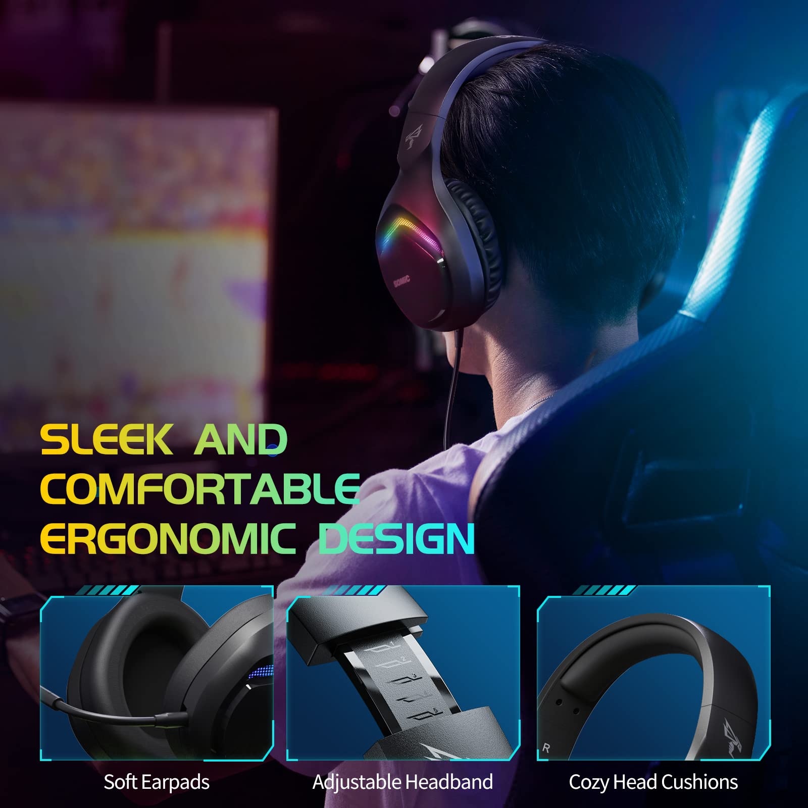 SOMIC G310 Gaming Headset, 3.5mm Gaming Headphones with Microphone Noise Cancelling with RGB Light, Stereo Sound for PC, Laptop, PS4, PS5, Xbox