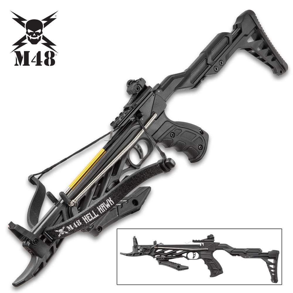 M48 Hell Hawk Self-Cocking Assault Crossbow Pistol - Lightweight Fiberglass Limbs, TPR Grip, 80-LBS Draw Weight, Picatinny Rail, Includes Bolts - Perfect for Hunters - Crossbow Pistol Length 24"