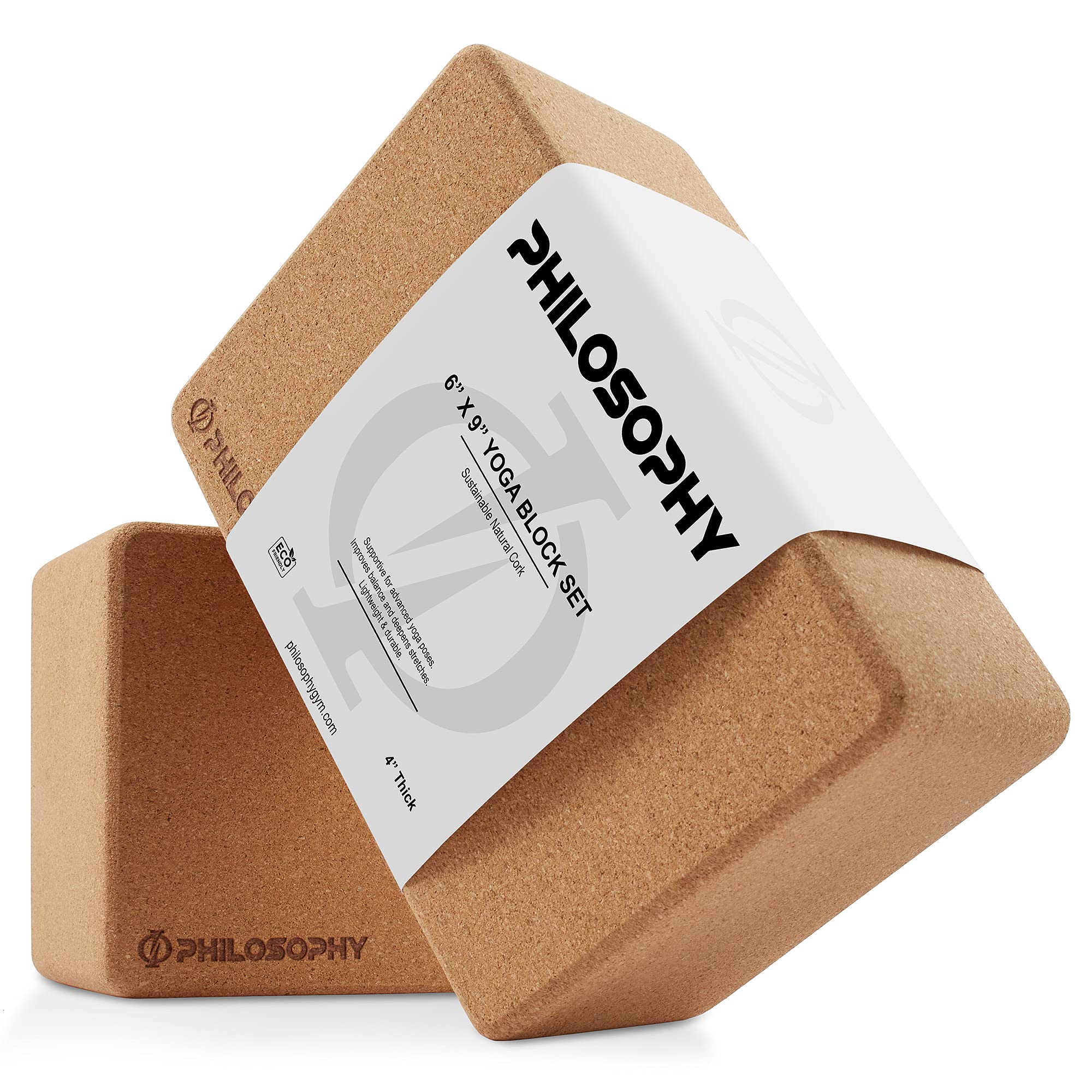 Philosophy Gym 2 Piece Yoga Block Set - Solid Cork Bricks - 9 x 6 x 4-inch Thick