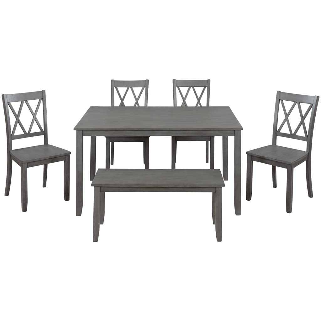 LIUZH 6 Piece Wooden Kitchen Dining Table Set Farmhouse Rustic Dining Table Set with Cross Back 4 Chairs and 1 Bench