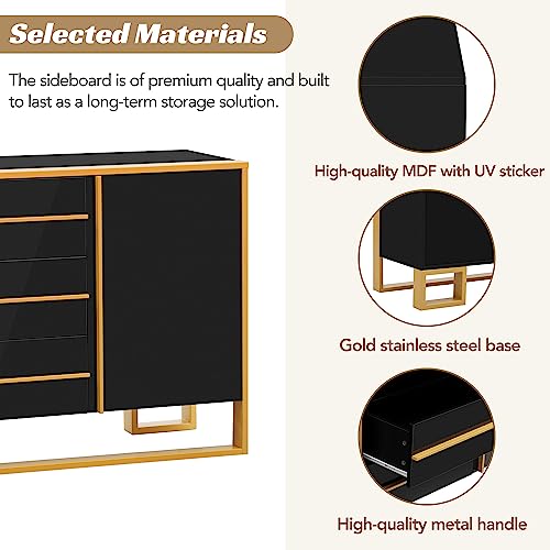 WADRI 59" Sideboard with 3 Drawers and 2 Cabinets, Wood Accent Storage Cabinet with Adjustable Shelves and Gold Metal Legs, Cabinet Console Table for Living Room, Home Office (Black + MDF-A46)
