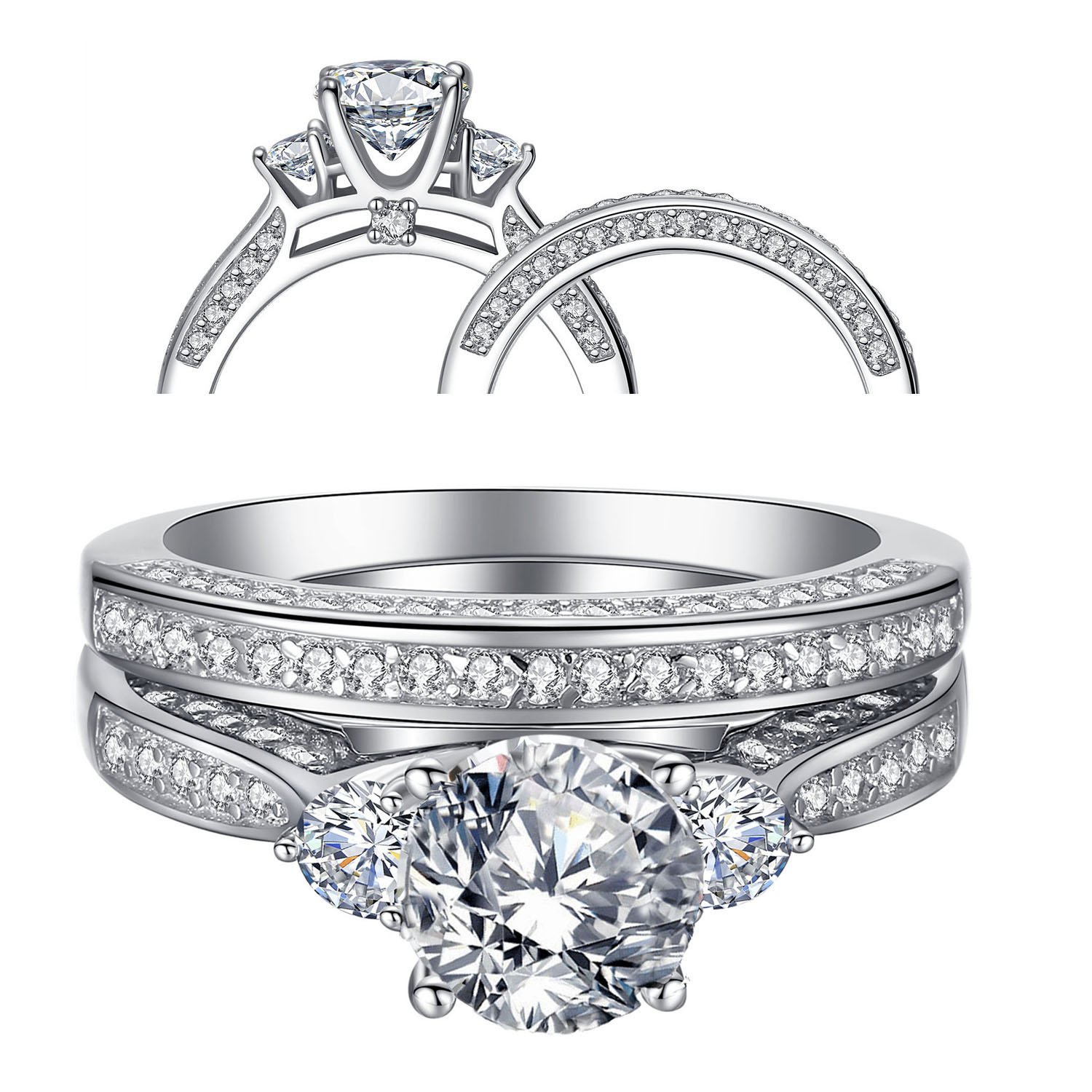MABELLA 3 Silver Wedding Ring Set 2.3 Carats Round Cut Cubic Zirconia Gifts for Women Size 7