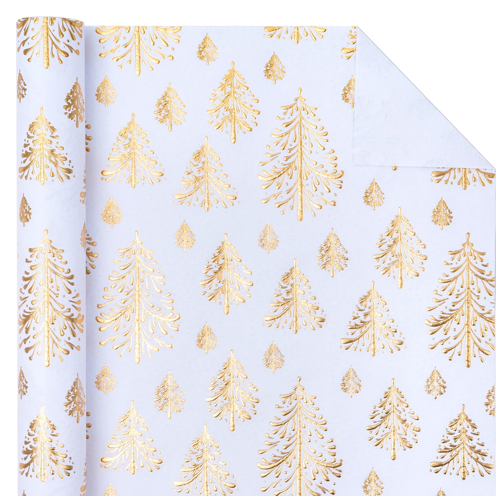 WRAPAHOLIC 3D Kraft Christmas Wrapping Paper Roll - Mini Roll - 17 Inch x 16.5 Feet - Gold and White Christmas Tree Design with Embossed Perfect for Holiday, Party Celebration