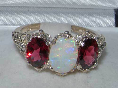 LetsBuyGold 925 Sterling Silver Real Genuine Opal and Garnet Womens Band Ring - Size 12