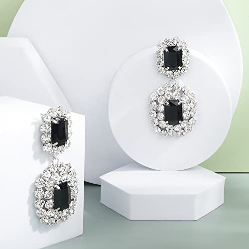 Rumtock Statement Black Gemstones Rhinestones Dangle Drop Silver Earrings for Women Girls Geometric Long Earrings Jewelry
