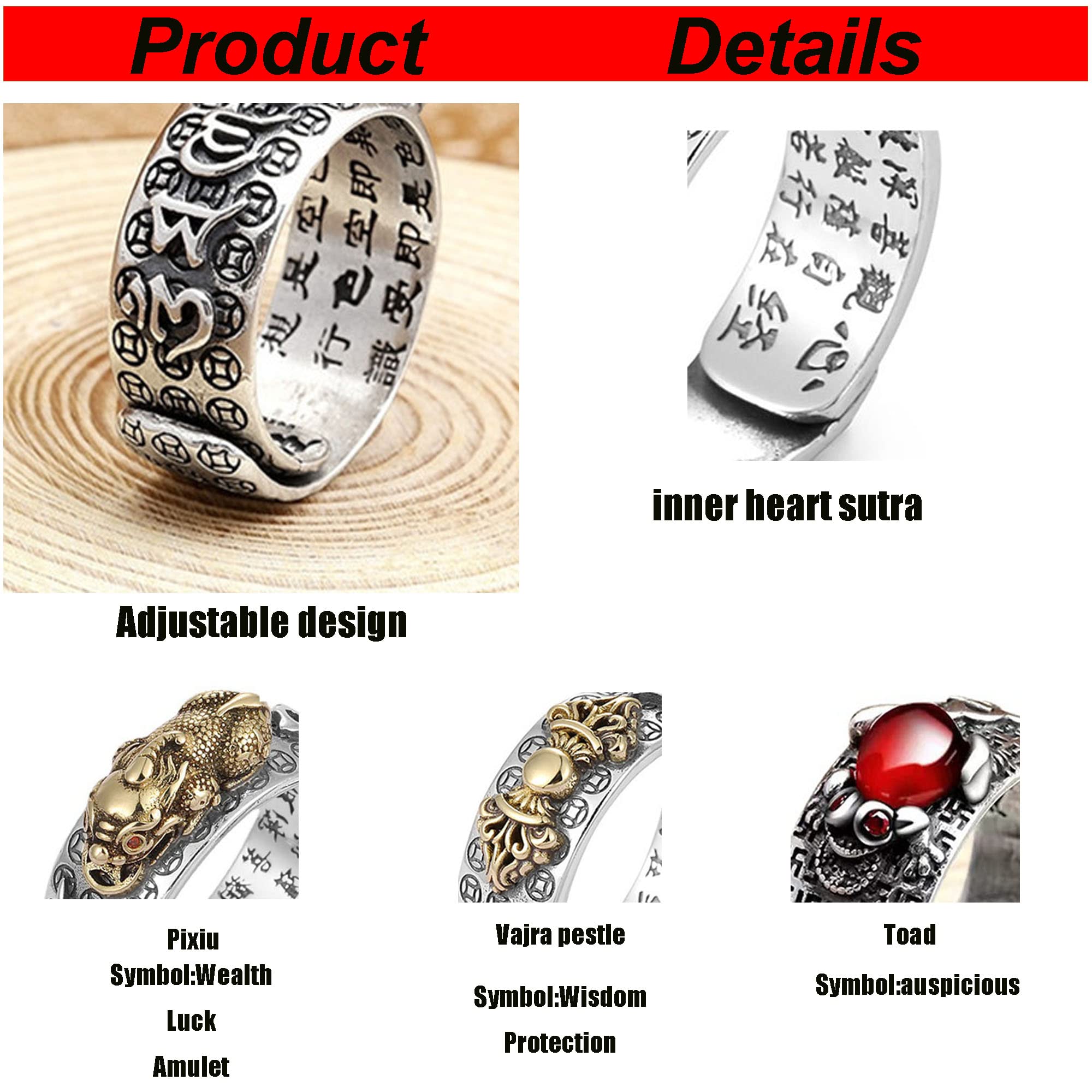 SONNYX 8 Pieces Feng Shui Pixiu Ring Buddhist Lucky Amulet Mantra Double Protection Wealth Ring For Men Women Adjustable Garnet Ring Gift Jewelry