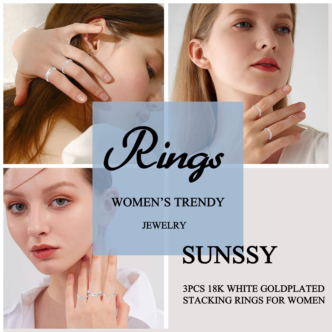 Sunssy 3PCS Stacking Rings Set for Women Stackable Thumb Rings for Teen Girls Simple Thin Dainty Silver Ring Set CZ Eternity Wedding Ring Size 5 to 9