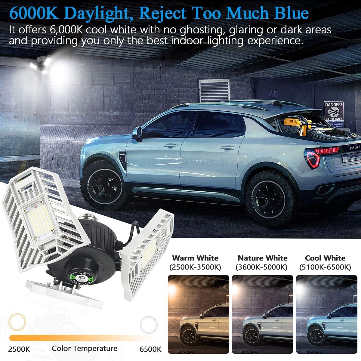 KPBOTL Illuminator 360 Led Garage Light 60W Garage Light 6000LM Screw in Light Bulb 3 Panels Ceiling Light Fixture Deformable LED Shop Light Bulb Led Light for Garage Basement Workshop Attic Barn 1