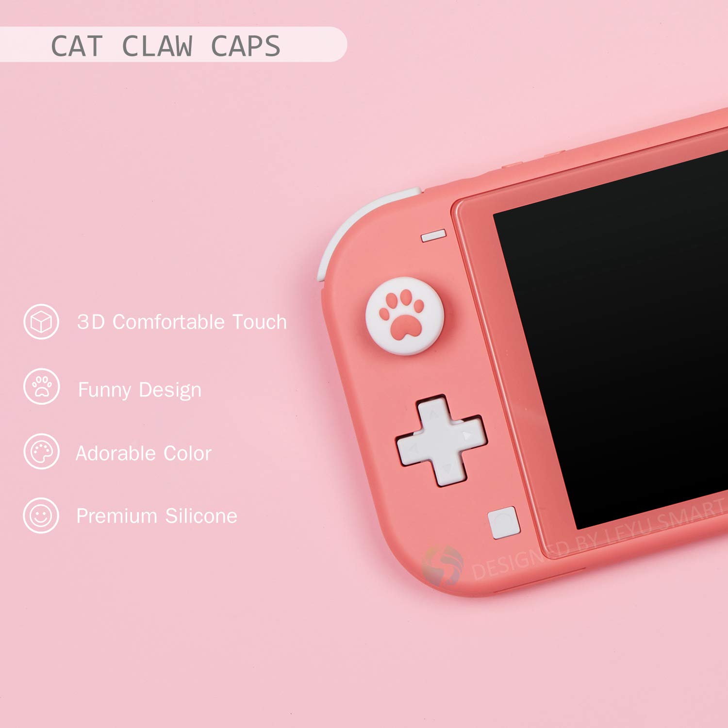 LEYUSMART 3D Thumb Grips Caps 4 PCS Cat Paw White Pink for Nintendo/Playstation/Xbox, Joycon Grip Caps Analog Stick Button Cover