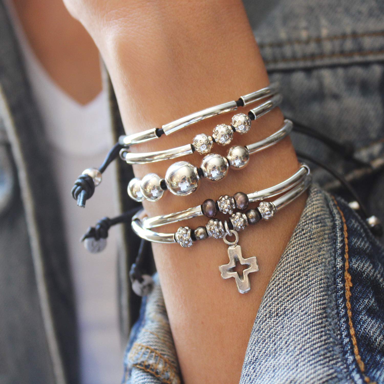 Lizzy James Wisdom Adjustable Black Leather Bracelet with Silver Plated Beads