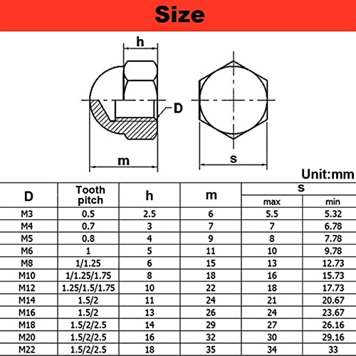 ZIFARM Nuts, Stainless Steel Nylon Brass Acorn Nut Hex Head Cap Metric Dome Cap Nuts Black White Nickel Plated Steel (Size : M4 (3Pcs))