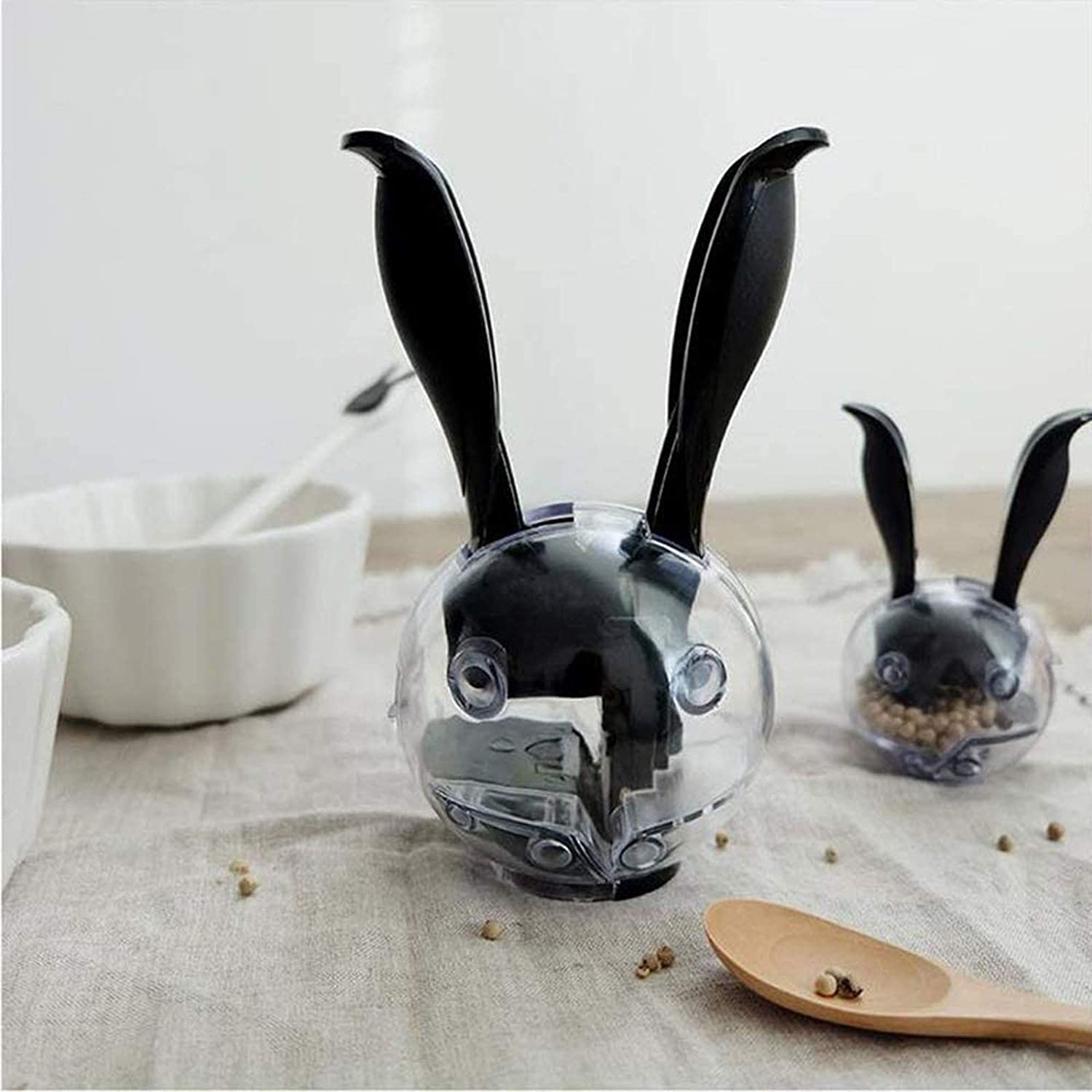RROAD Manual Salt and Pepper Mill Set ,Mini Manual Black Pepper Grinder Multifunction Cruet Spice Grinder Ball Shape Black Rabbit Ears Design Kitchen Tools(2Pcs)