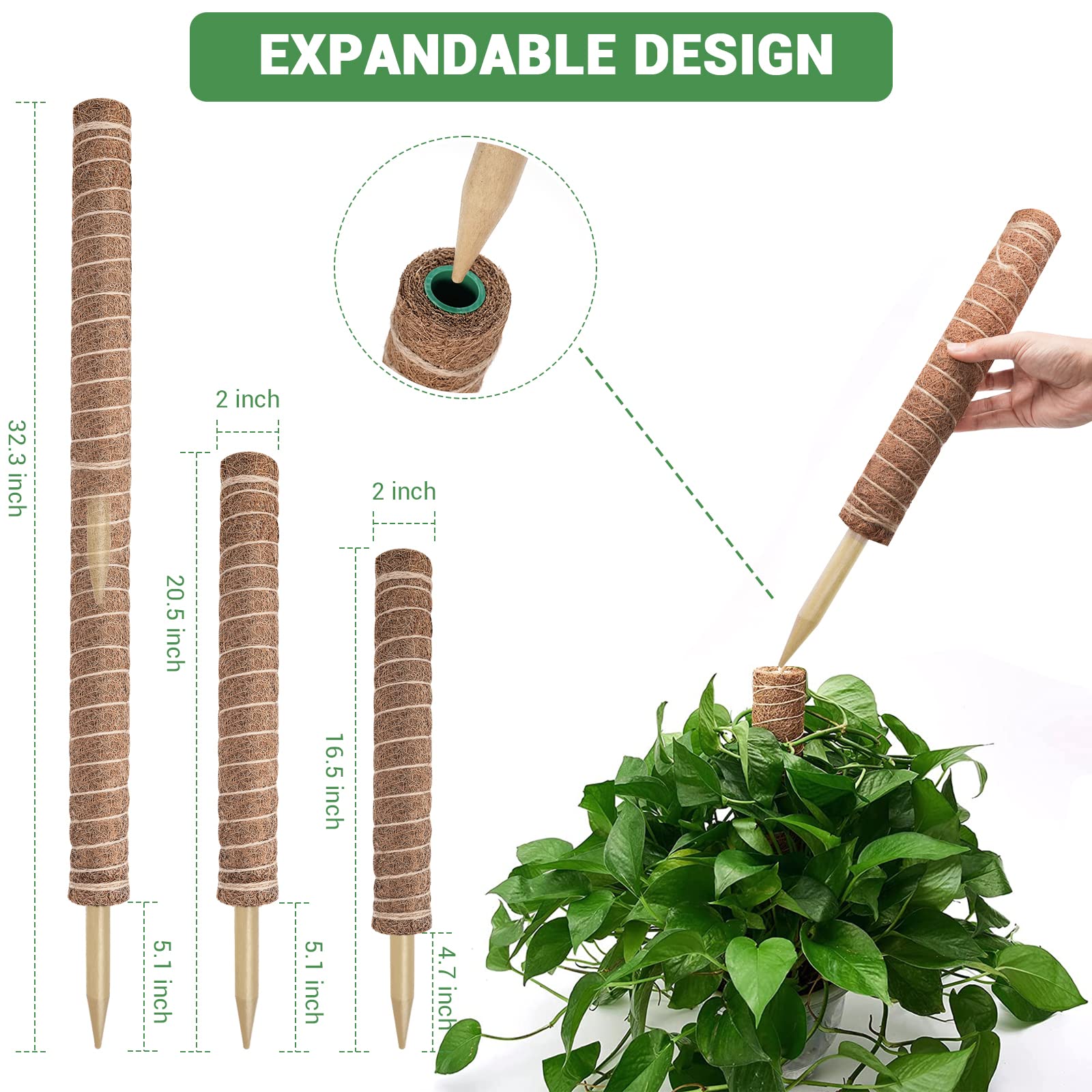 Moss Pole for Plants Monstera, 115 inch Moss Poles for Climbing Plants, 4 Pcs 20.5" and 2 Pcs 16.5" Coco Coir Pole for Indoor Potted Plants Grow Upwards, Moss Stick Totem Pole Plant Support