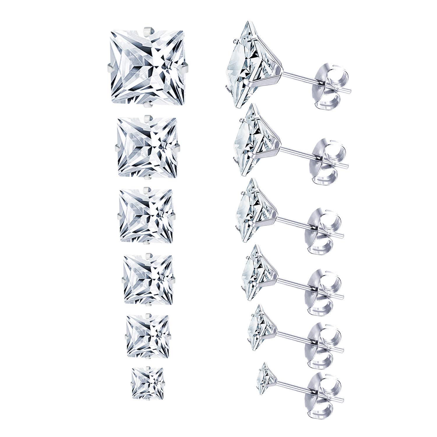 LUXU kisskids 6 Pairs Stainless Steel Stud Earrings Hypoallergenic Cubic Zirconia 316L Earrings Stainless Steel CZ Earrings 3-8mm for Women Girls