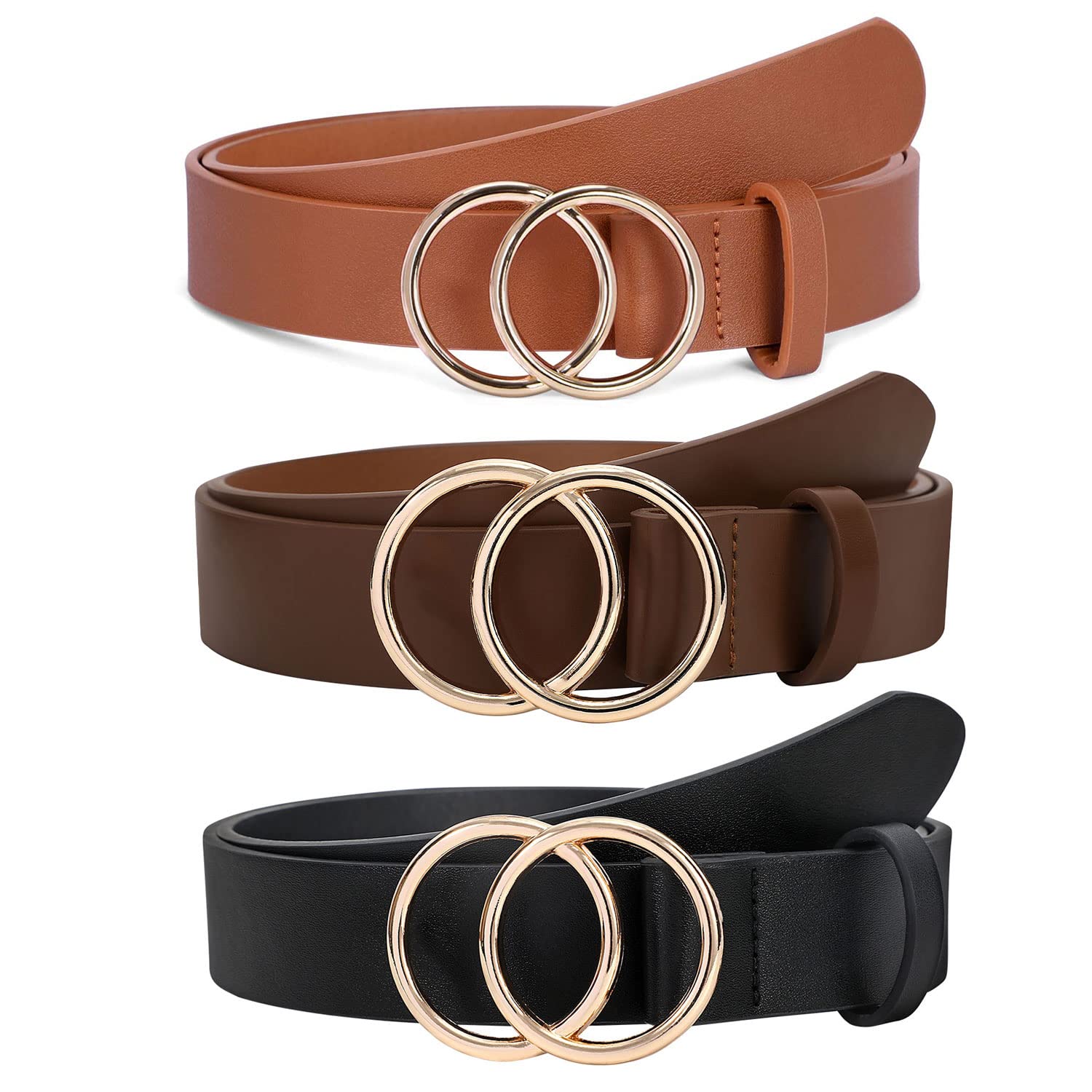 SANSTHS 2 Pack Womens Faux Leather Jeans Belt with Double O Ring Buckle (Black & Coffee, XS)