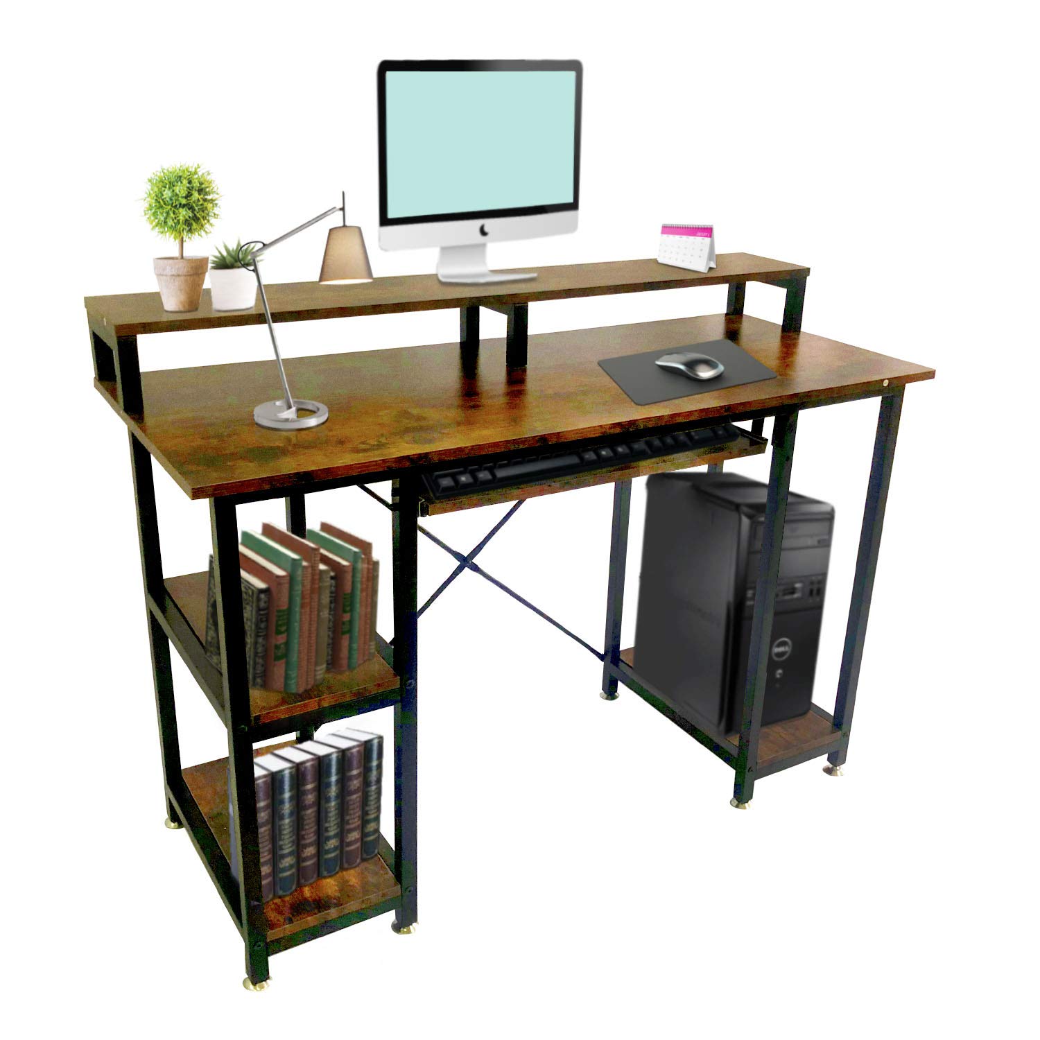 LOVEZ Computer Desk with Storage Shelves/Keyboard Tray/Monitor Stand Desk with Bookshelf Easy Assemble Study Table for Home Office (Brown)