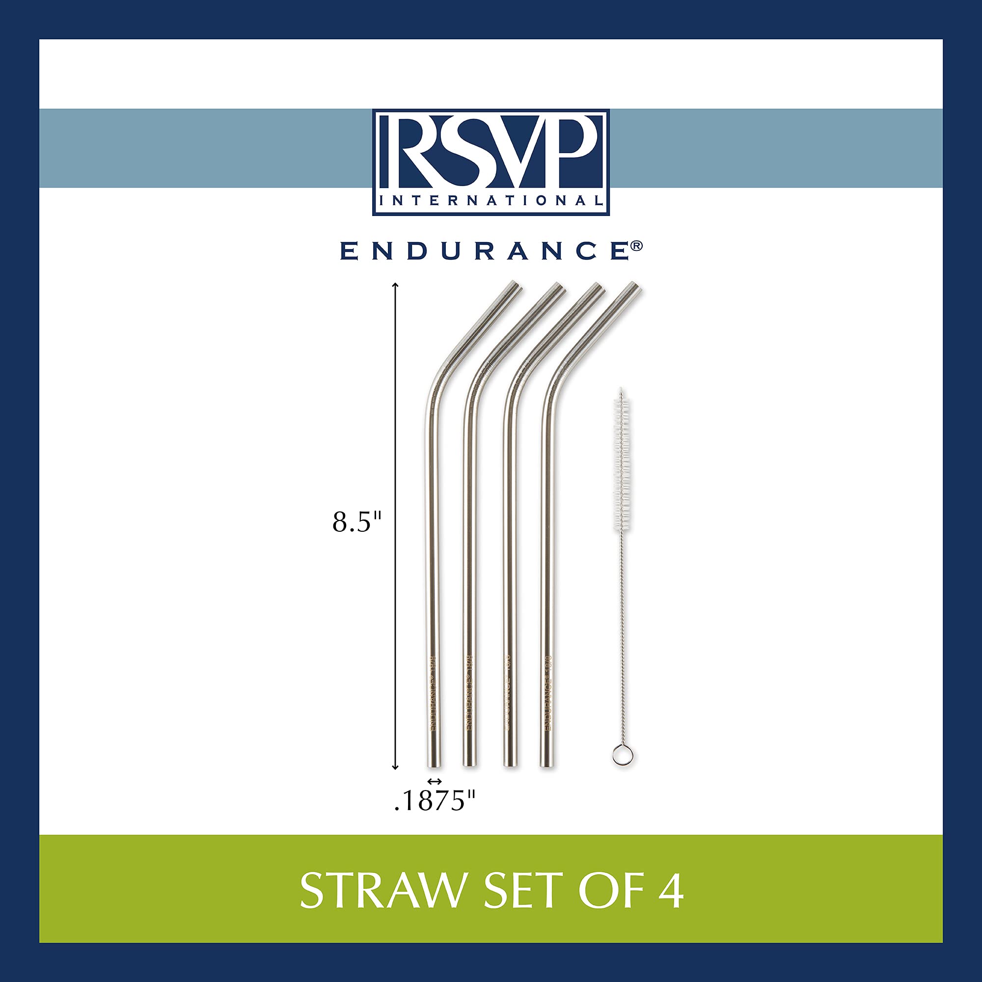 RSVP International Endurance Stainless Steel 8.5" Drink Straws, 4 Count | 5mm Fits Most Tumblers | Reusable & Durable | For Smoothies, Frappes, Sodas, Tea & More | Dishwasher Safe