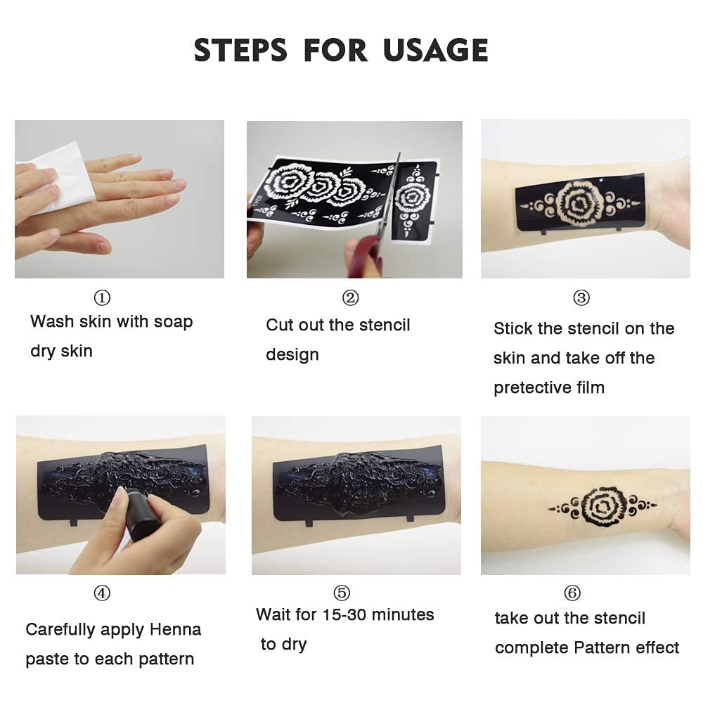 PPVWEY 10 Sheets Henna Tattoo Stencils 10 Pair Arm Hand Henna Tattoo Template Temporary Indian Arabian Glitter Airbrush Tattoo Stickers for Face Body Paint DIY (Black)