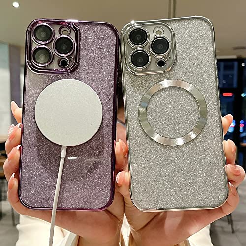 wahhle Magnetic Case for iPhone 13 Pro Max, Luxury Plating Cute Bling Phone Clear Cover with Glitter Card Compatible with Magsafe for Women Girls with Camera Protector(iPhone 13 Pro Max,Gold)