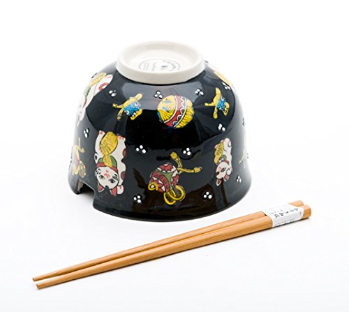 Quality Japanese Ramen Udon Noodle Bowl with Chopsticks Gift Set 5 Inch Diameter (Lucky Cat)