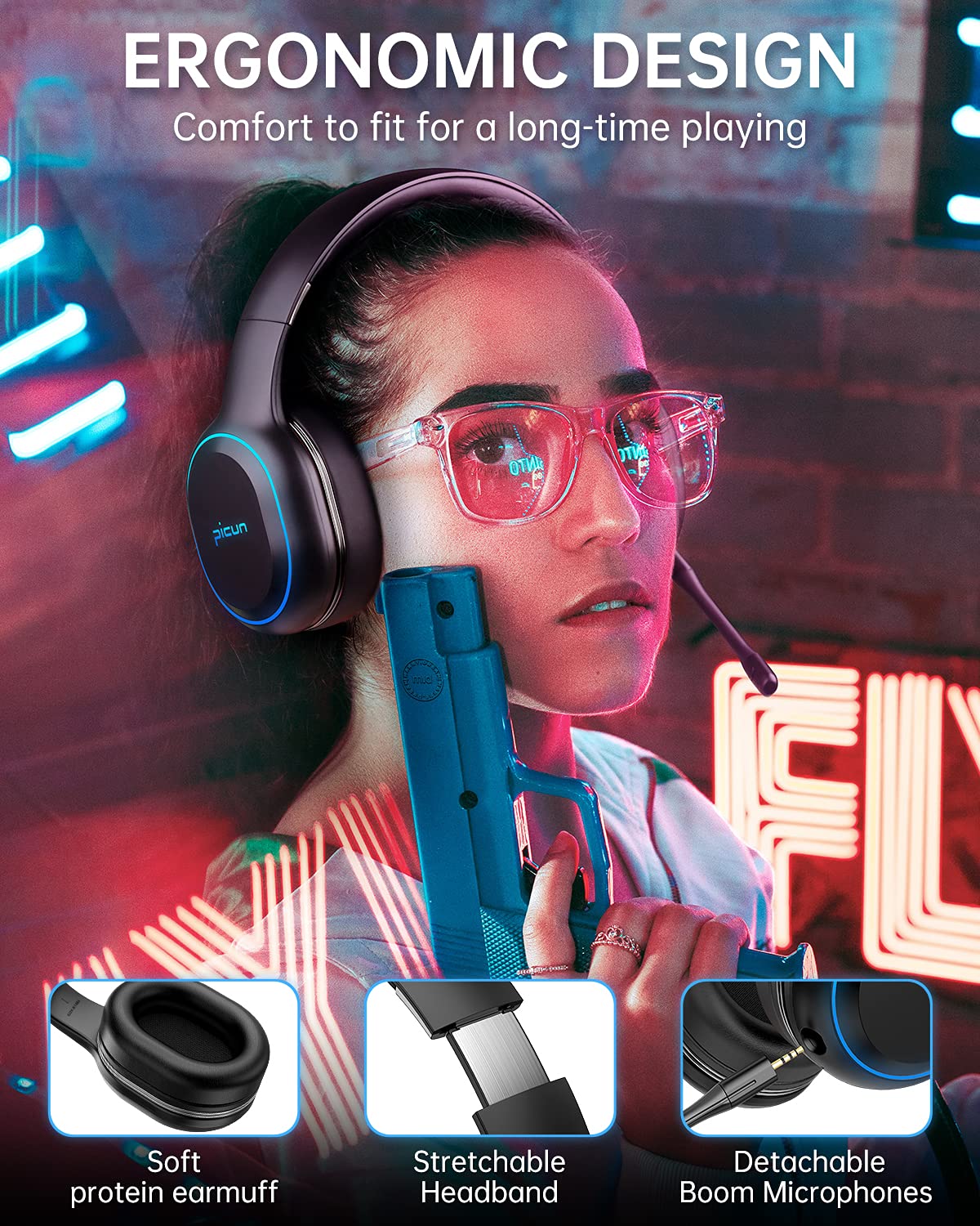 Picun P80-XH Bluetooth Gaming Headset, Dual-Driver Wireless Headphones Only for Phone, 3.5mm Cable Wired for X-Box, PS4, PS5, 30H Playtime with RGB Light, Hi-Fi Stereo Immersive Vibrating Gaming Sound