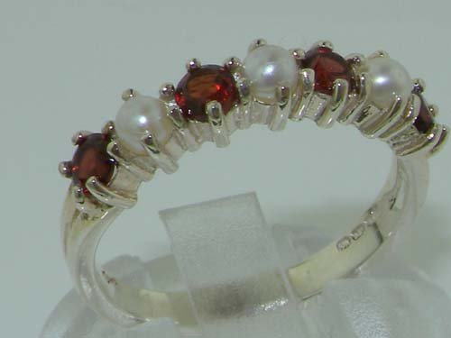 LetsBuyGold 925 Sterling Silver Cultured Pearl & Garnet Womans Eternity Ring - Size 10.25