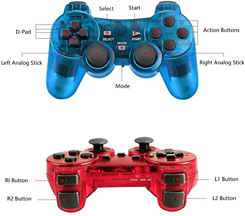 Rzzhgzq PS2 Wireless Controller 2.4G Play Station 2 Gamepad 2 Pack Dual Vibration Compatible with Sony Play -station 2 Console (ClearBlue +ClearRed)