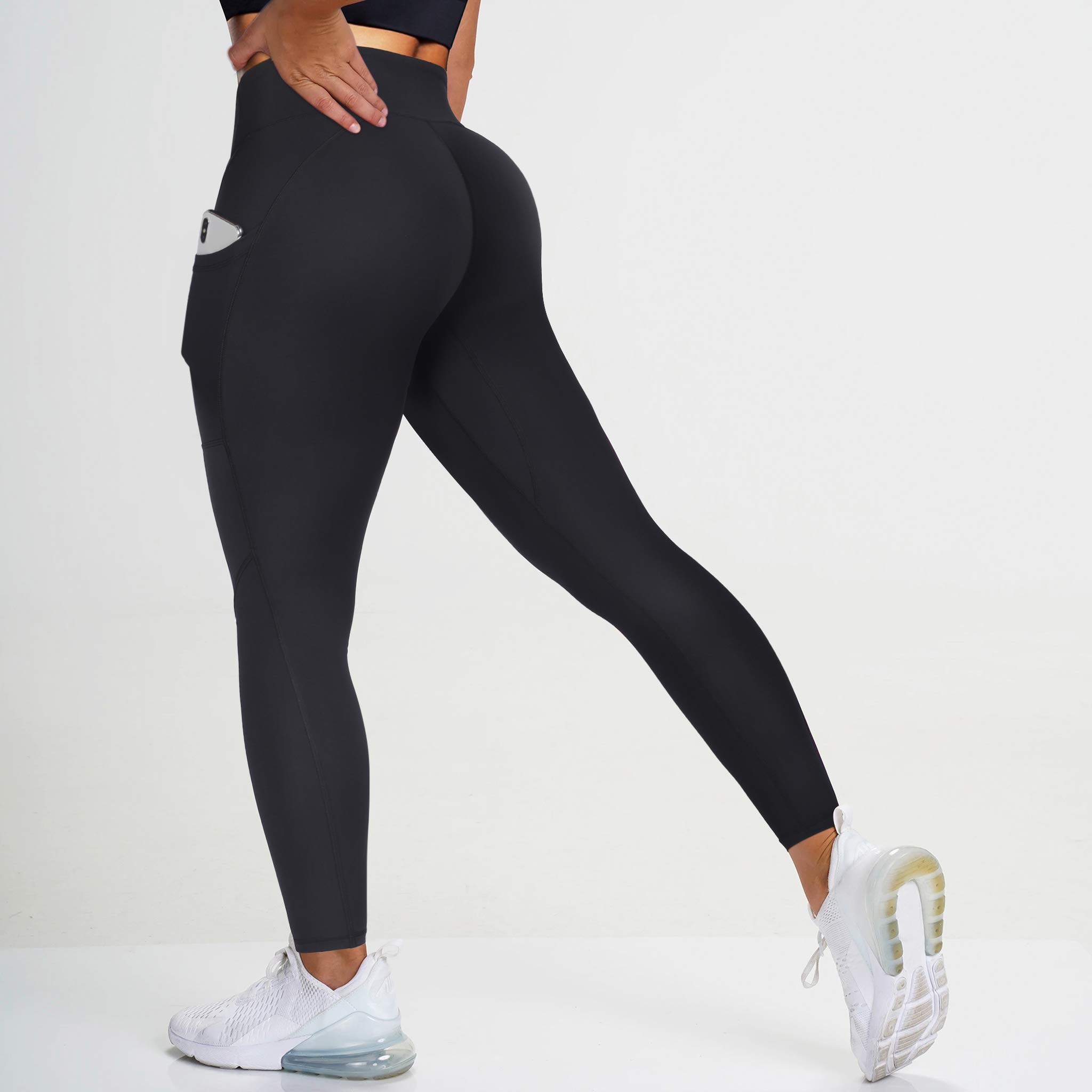 RUUHEE Women Ribbed Leggings with Pocket High Waisted Workout Gym Yoga Pants(Medium,Ribbed Black)