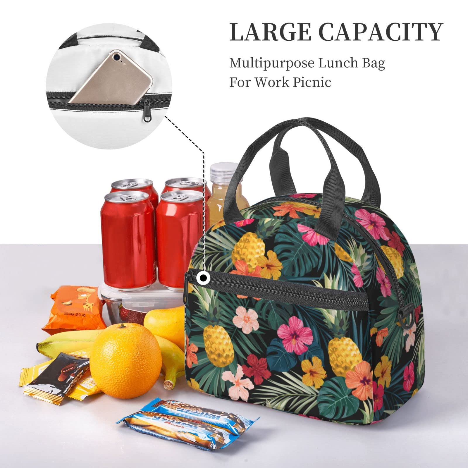 Palm Leaves Hibiscus Flowers Lunch Bag Tropical Pineapples Fruit Reusable Insulated Lunch Tote Bag Lunchbox Container With Adjustable Shoulder Strap For Office Work School Picnic Travel