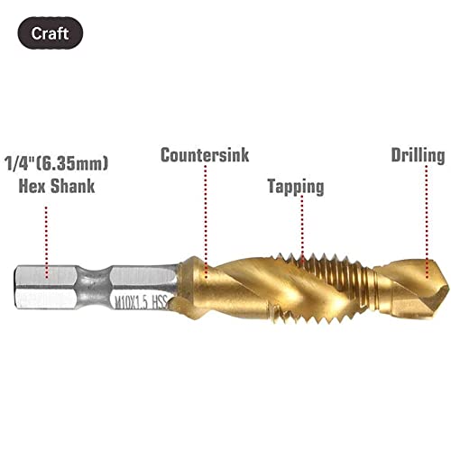 PERFACTOOL Combination Drill & Taps Bit Set, 1/4'' Hex Shank Spiral Countersink Drill Bits, for Metal, Plastic, Wood Drilling (6 Pack)