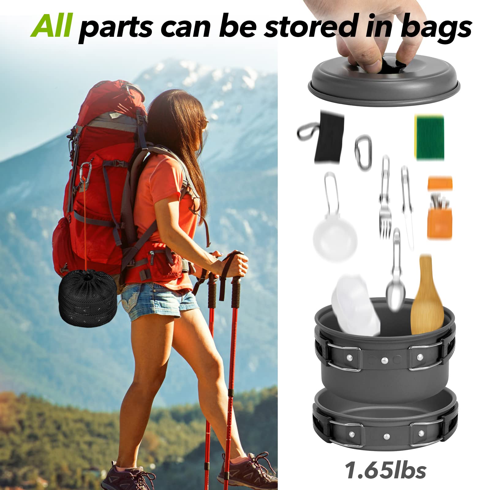 Rlrueyal 15pcs Camping Cookware Backpacking Stove,Non-Stick Camping Pot and Pans Set Fork Spoon Kit for Hiking,Picnic and Camping