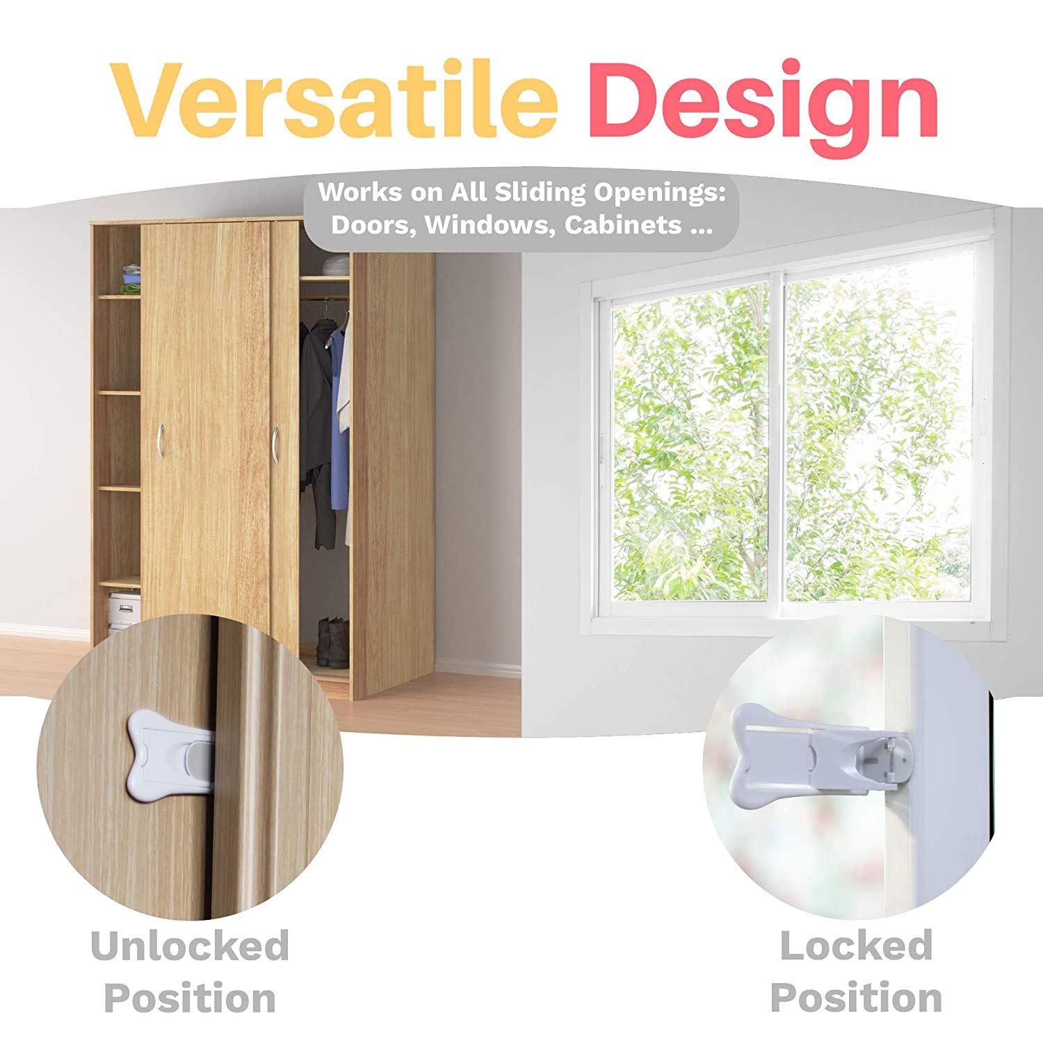 Millie (4 PACK) Sliding Glass Door Child Lock - Baby Safety Slide Window Locks Kids Proof Patio Closet Doors No Drilling Tools Needed (white)