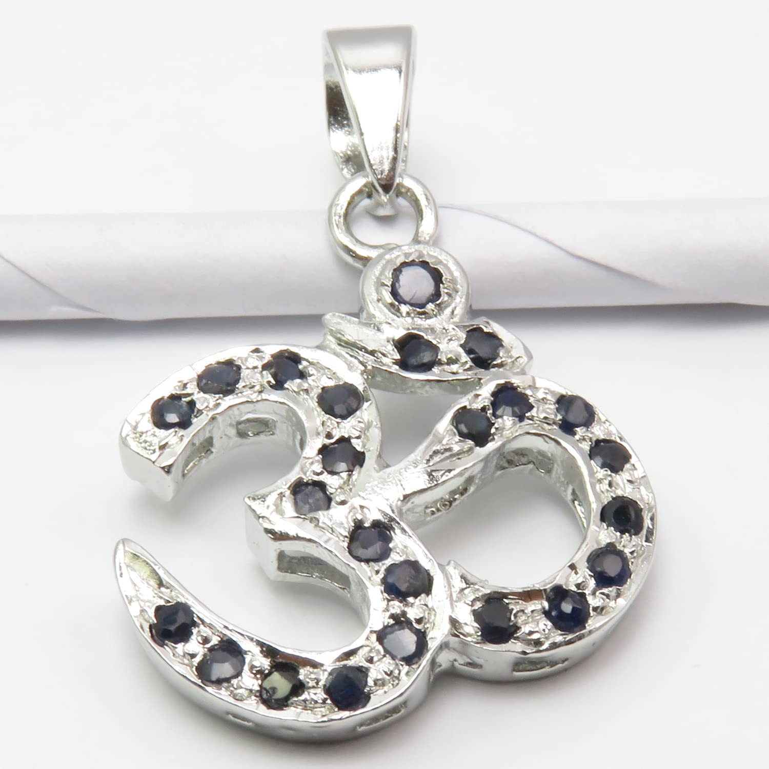 SilverStarJewel 925 Solid Silver Round Sapphire tcw 0.8 Om Ohm Religious Pendant 1.1" Gift Jewelry
