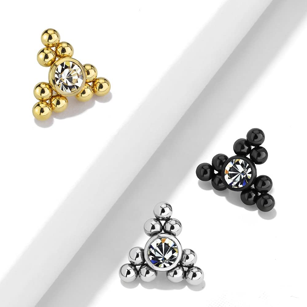 Pierced Owl 14GA Stainless Steel Internally Threaded CZ Crystal Center Triangle Ball Clusters Dermal Anchor Top (Gold Tone)