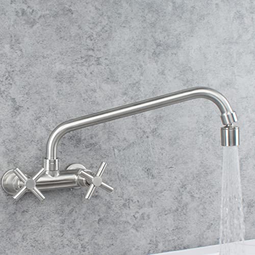 UMANYI Commercial Kitchen Faucets Wall Mount 4 inch Center Stainless Steel Brushed Nickel 2 Handle Utility Laundry Sink Bar Pre Faucet 11" Spout with Aerator SSKF09-3CZ