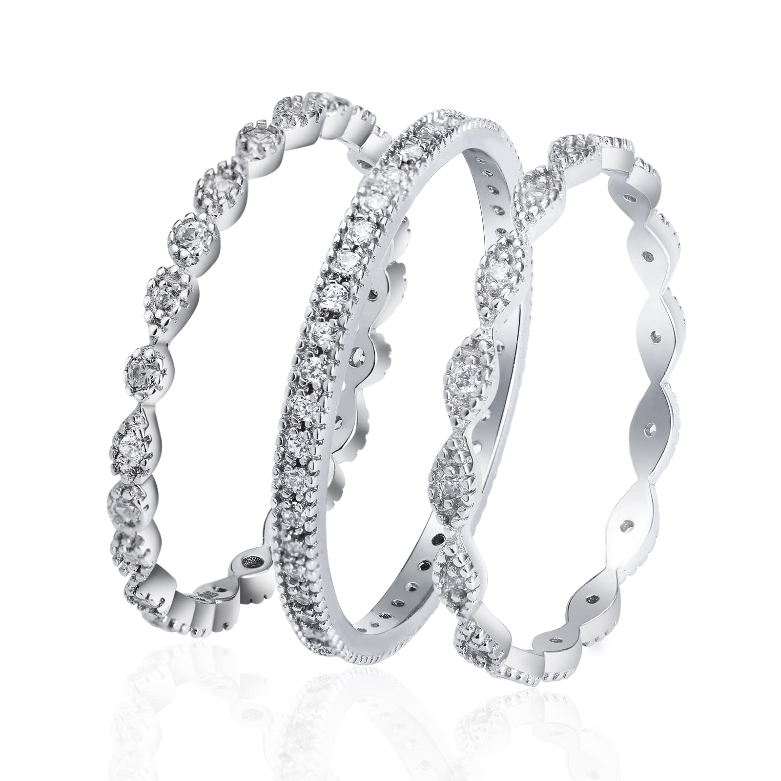 OLIVIASO 3 Pcs 925 Sterling Silver Bridal Rings Set for Women Cubic Zirconia Engagement Wedding Rings Set for Her Eternity Bands Stackable Rings Size 5-10 silver