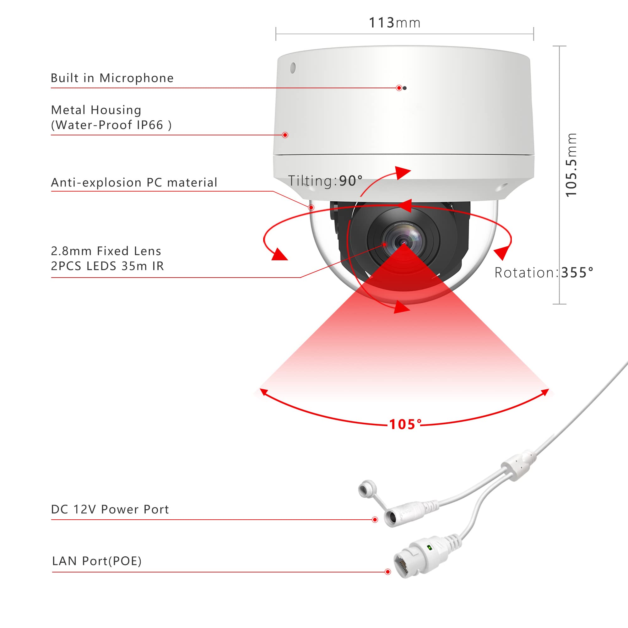 Vonihome 5MP PoE Pan Tilt Network Security Camera, 2.8mm Lens, Pan 0~355° Tilt 0~90°, Mic. Audio in, Waterproof, 80ft IR, 2.5'' IP Dome Camera, Compatible with Third-Party NVR and Software