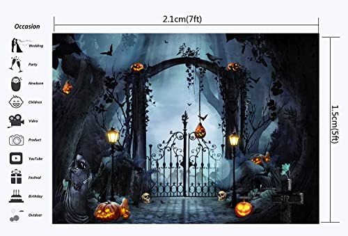 LYCGS 7X5FT Halloween Backdrop Horror Forest Night Halloween Backdrop for Photography Scary Pumpkin Lantern Tombstone Skull Photography Background Costume Ball Halloween Carnival Background X-58