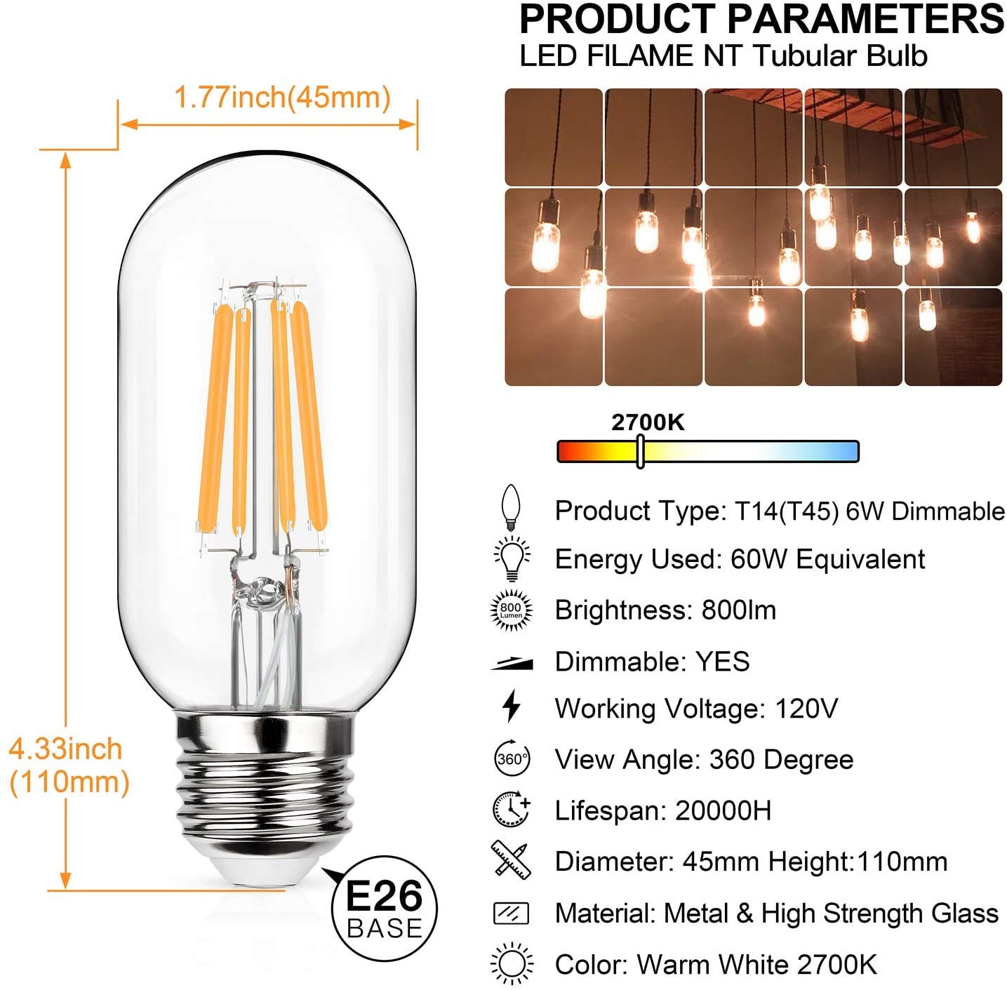 MAXvolador LED Edison Bulb Dimmable 60W Equivalent 800 Lumens, Warm White 2700K, 6W T45 Vintage LED Filament Light Bulbs, Antique Style Lighting, E26 Medium Base