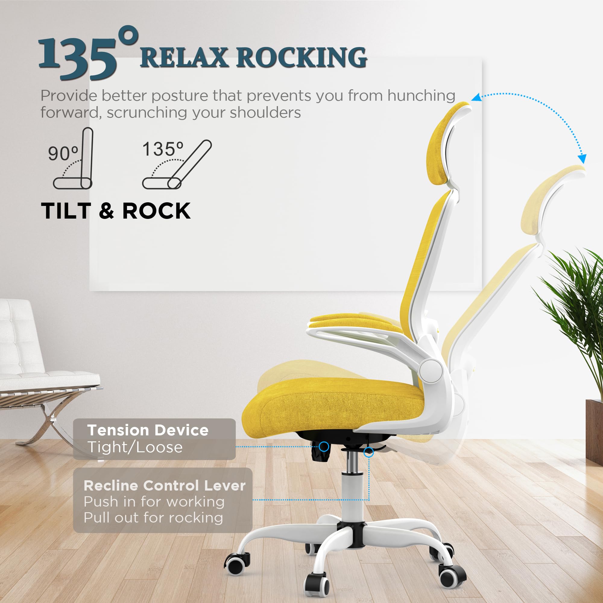 Mimoglad Home Office, High Back Ergonomic Desk Adjustable Lumbar Support and Headrest, Swivel Task Chair with flip-up Armrests for Guitar Playing, 5 Years Warranty, Jasmine