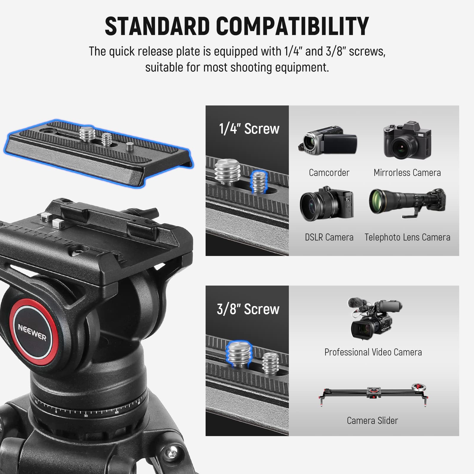 NEEWER 74 Inch Pro Video Tripod with Fluid Head, QR Plate Compatible with DJI RS Gimbals Manfrotto, Durable Camera Tripod with Telescopic Handle Scaled Base for DSLR, Max. Load 17.6 lb/8 kg, TP74