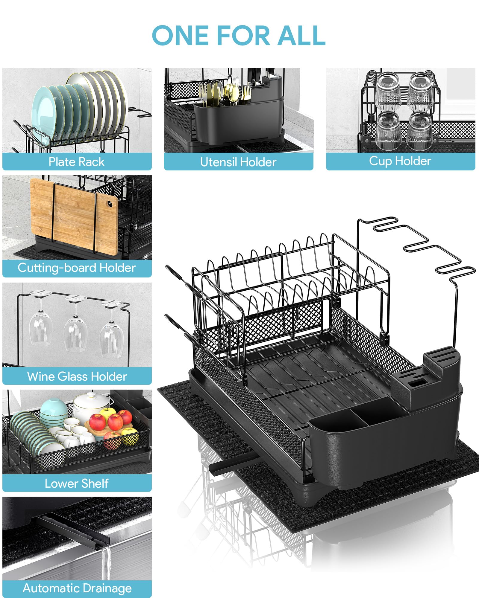 Lvtrupc Dish Drying Rack - Large-Capacity Dish Rack for Kitchen Counter, Stainless Steel Dish Drainer, 2-Tier Kitchen Dish Drying Rack for Dishes, Cutlery and Wine Glasses with Extra Dryer Mat
