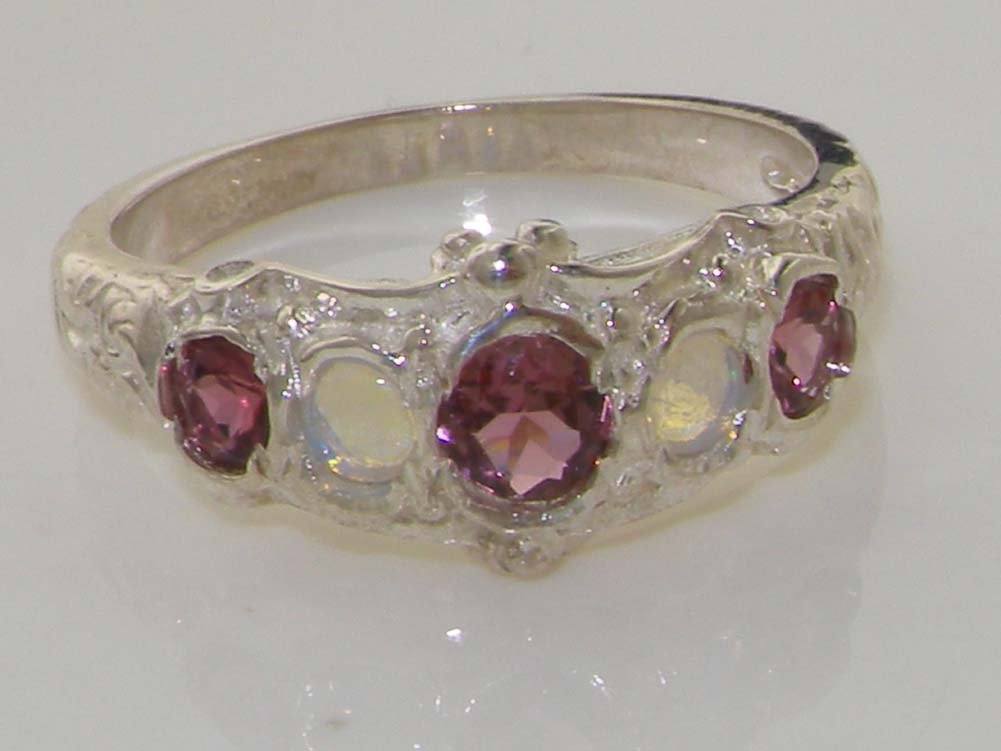 LetsBuyGold 925 Sterling Silver Natural Pink Tourmaline and Opal Womens Band Ring - Sizes 4 to 12 Available