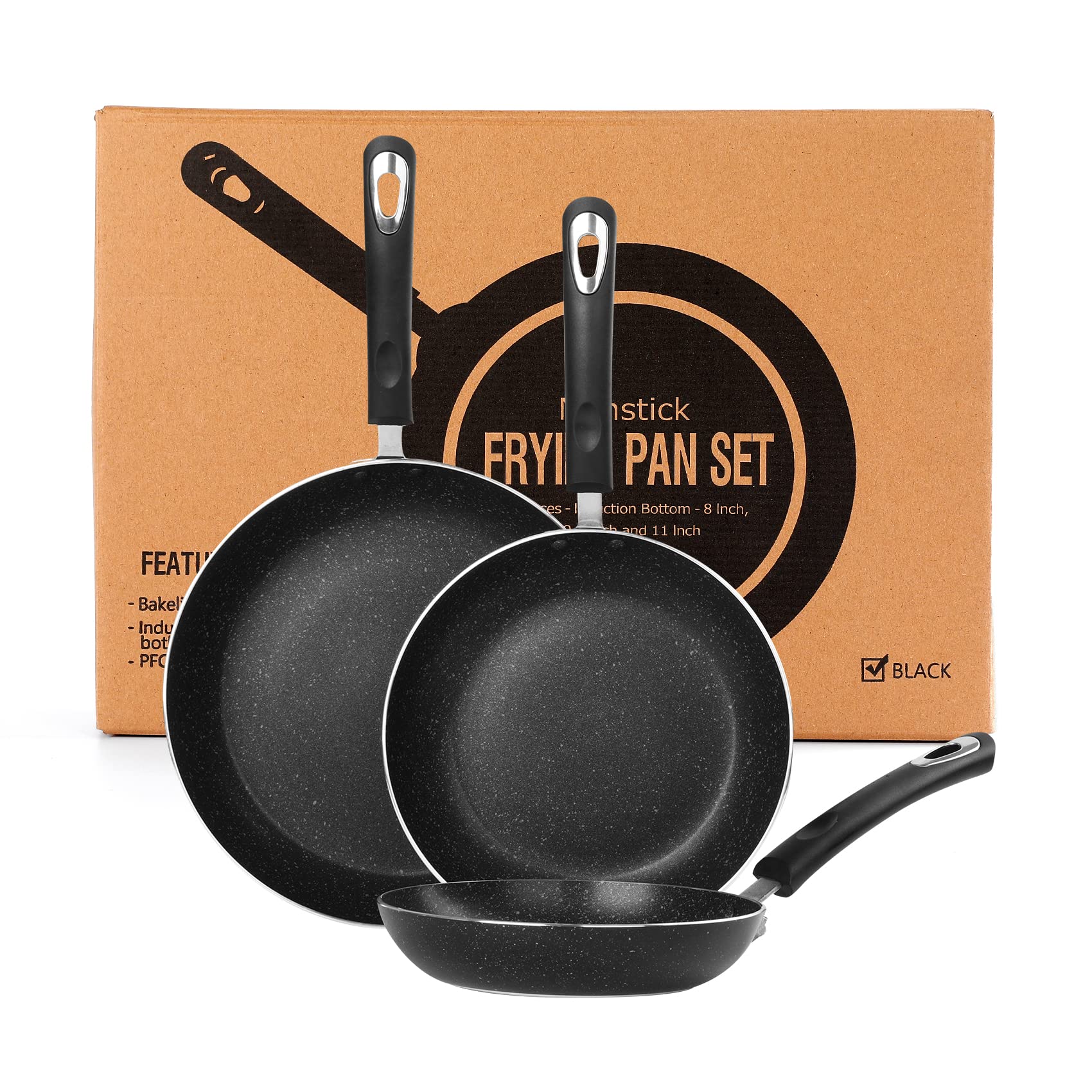 RATWIA Frying Pan 3-Piece Set, Nonstick Skillet Set for Induction Cooktop, Frying Pan Nonstick 8 Inch+9.5 Inch +11 Inch (Black)