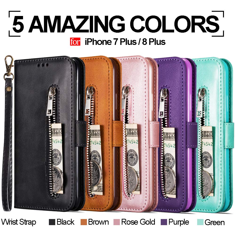 KUDEX iPhone 7 Plus Wallet Case for Women,iPhone 8 Plus Case, Flip Leather Shockproof Magnetic Zipper Pocket Wallet Purse Case w/Stand Card Slot Holder Wrist Strap for iPhone 7 Plus/8 Plus (Purple)