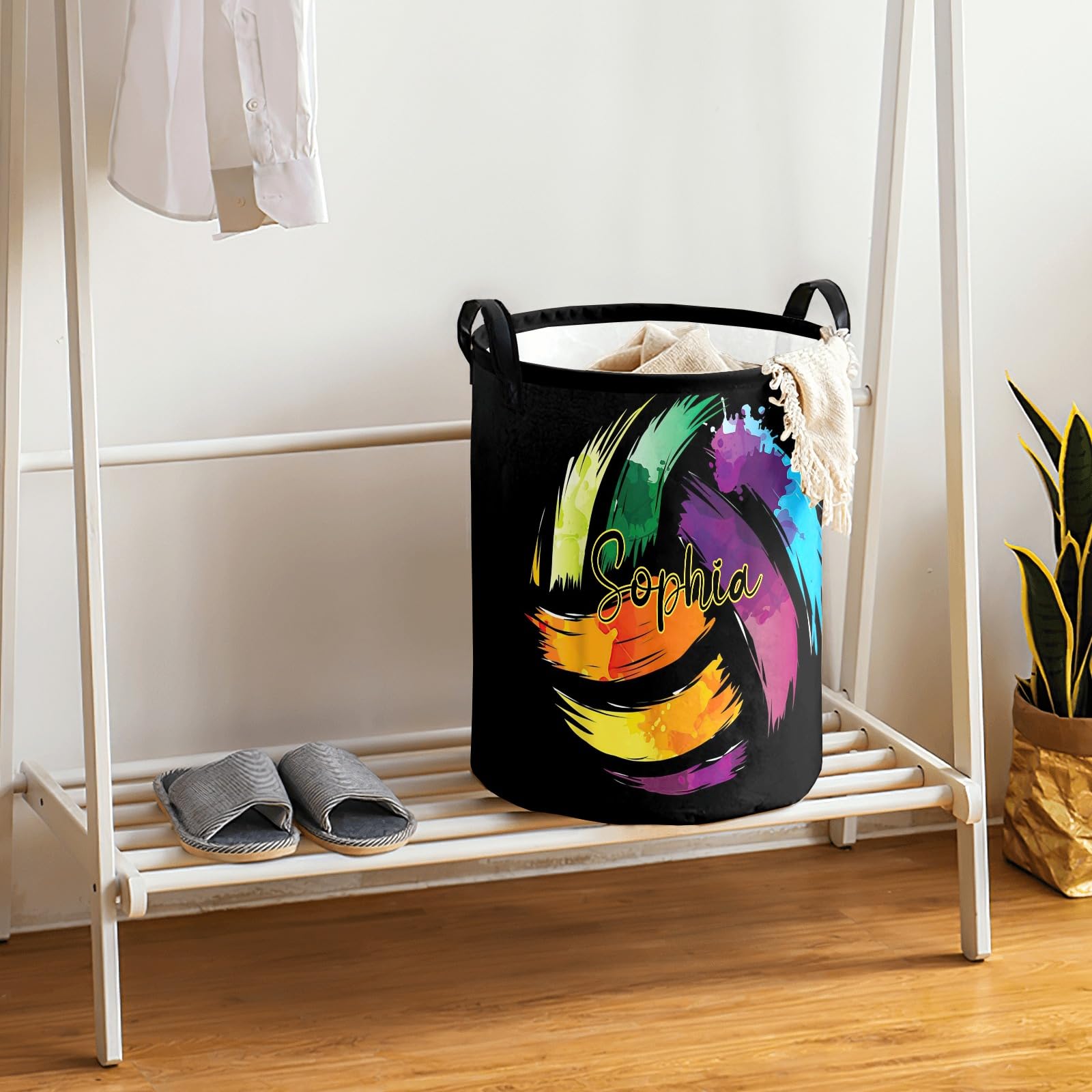 Personalized Watercolor Colors Volleyball Waterproof Laundry Basket Handles Collapsible Hamper Storage Basket for Office Bathroom