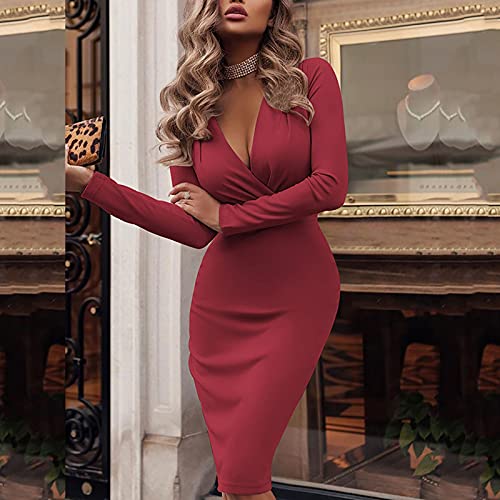Pinkpaopao Elegant Empire Waisted Slim Dress for Women Ruched Deep V Neck Wrap Dress Solid Color Back Split Midi Dress