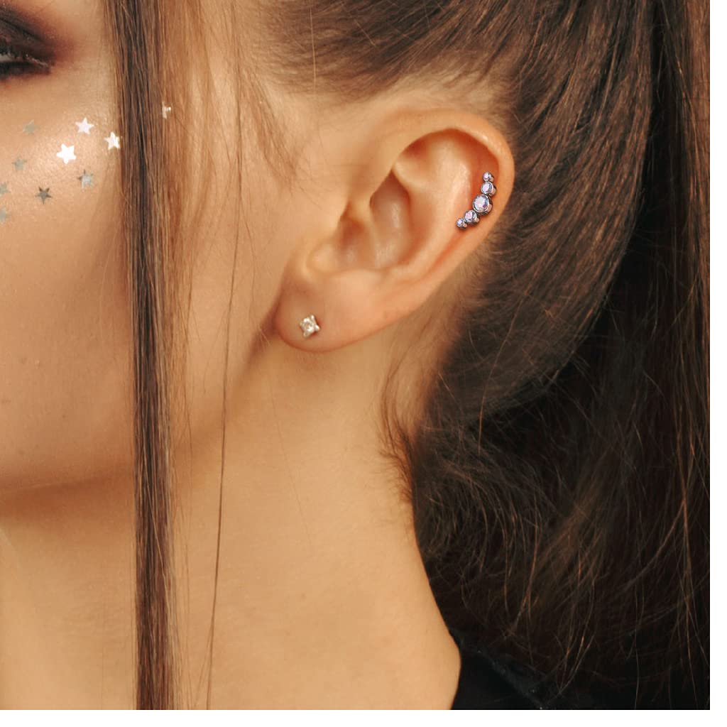 Pierced Owl 16GA Implant Grade G23 Titanium Internally Threaded Five CZ Crystal Curve Top Cartilage Helix Ear Lobe Barbell Stud (Pink)