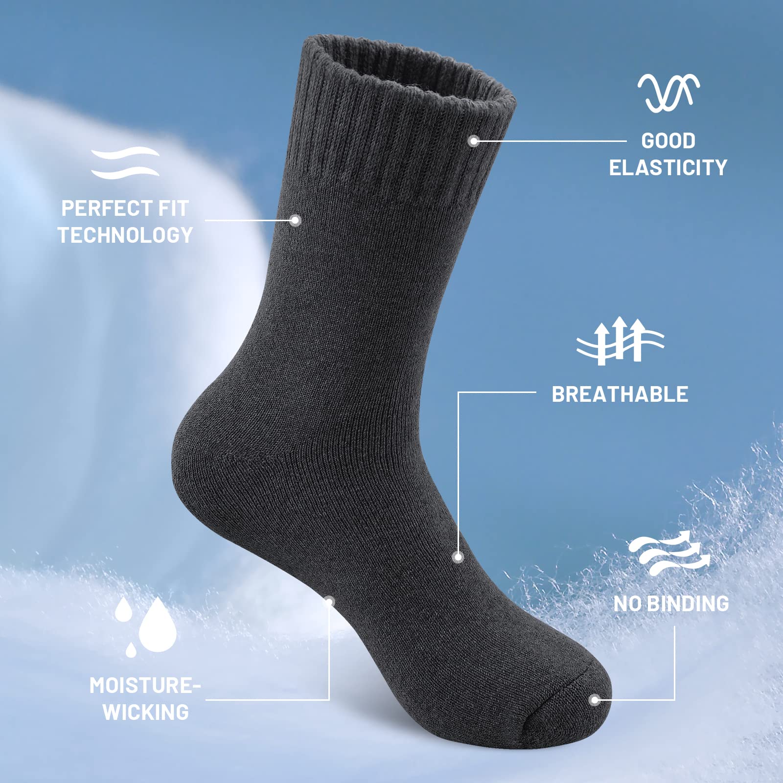 SIMIYA 5 Pairs Merino Wool Socks for Men, Thick Winter Wool Hiking Socks, Warm Breathable Crew Mens Socks(Fit USA Size 7-13